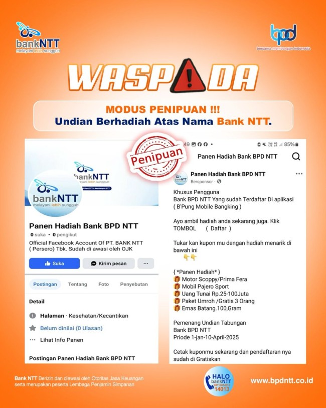 Waspada! Modus Penipuan Mengatasnamakan Bank NTT, Nasabah Diminta Jangan Klik Link Mencurigakan
